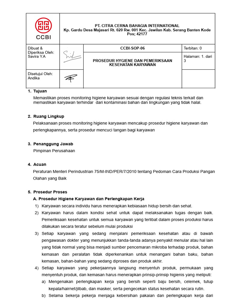 Prosedur Hygiene Karyawan CCBI | PDF