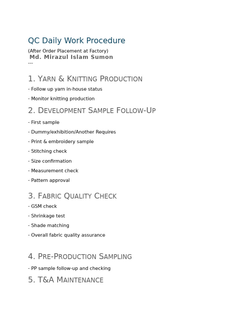 QC Daily Work Procedure for Garment Production | PDF