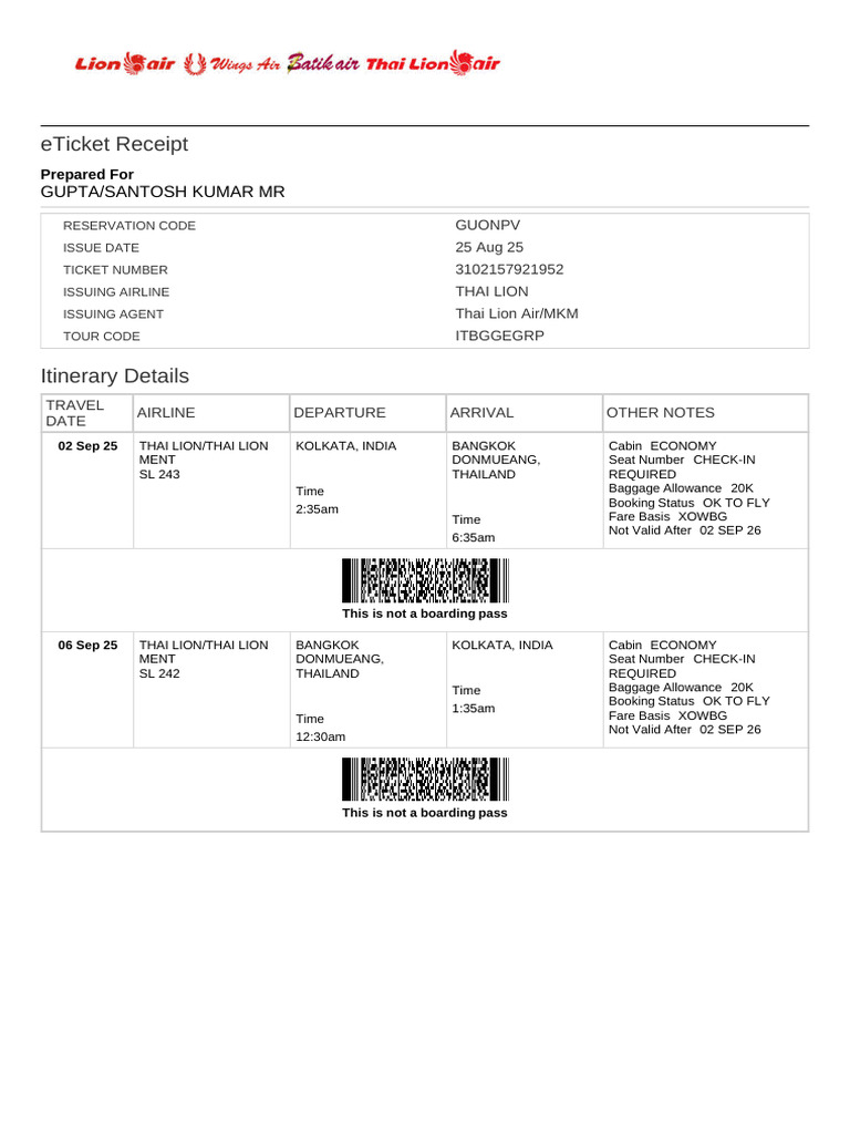 Electronic Ticket Receipt, September 02 For MR SANTOSH KUMAR GUPTA ...