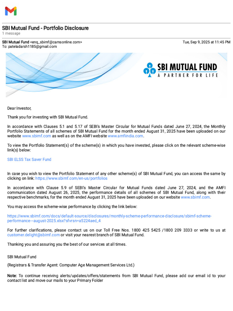 SBI Mutual Fund August 2025 Disclosure | PDF