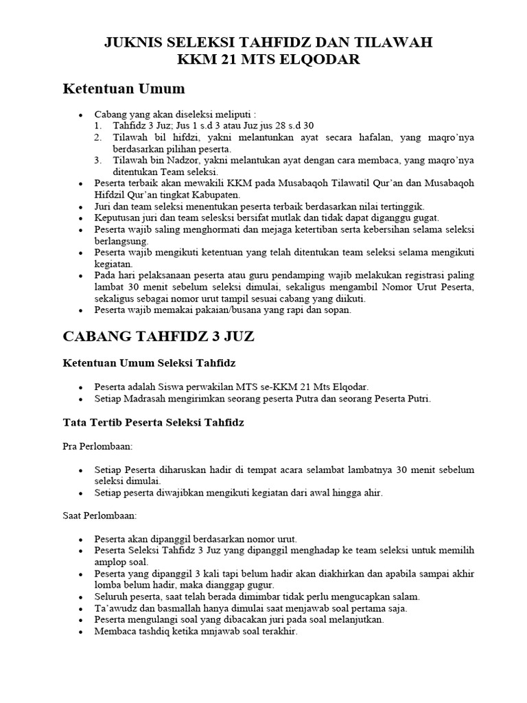 Juknis Seleksi Tahfidz dan Tilawah MTS | PDF