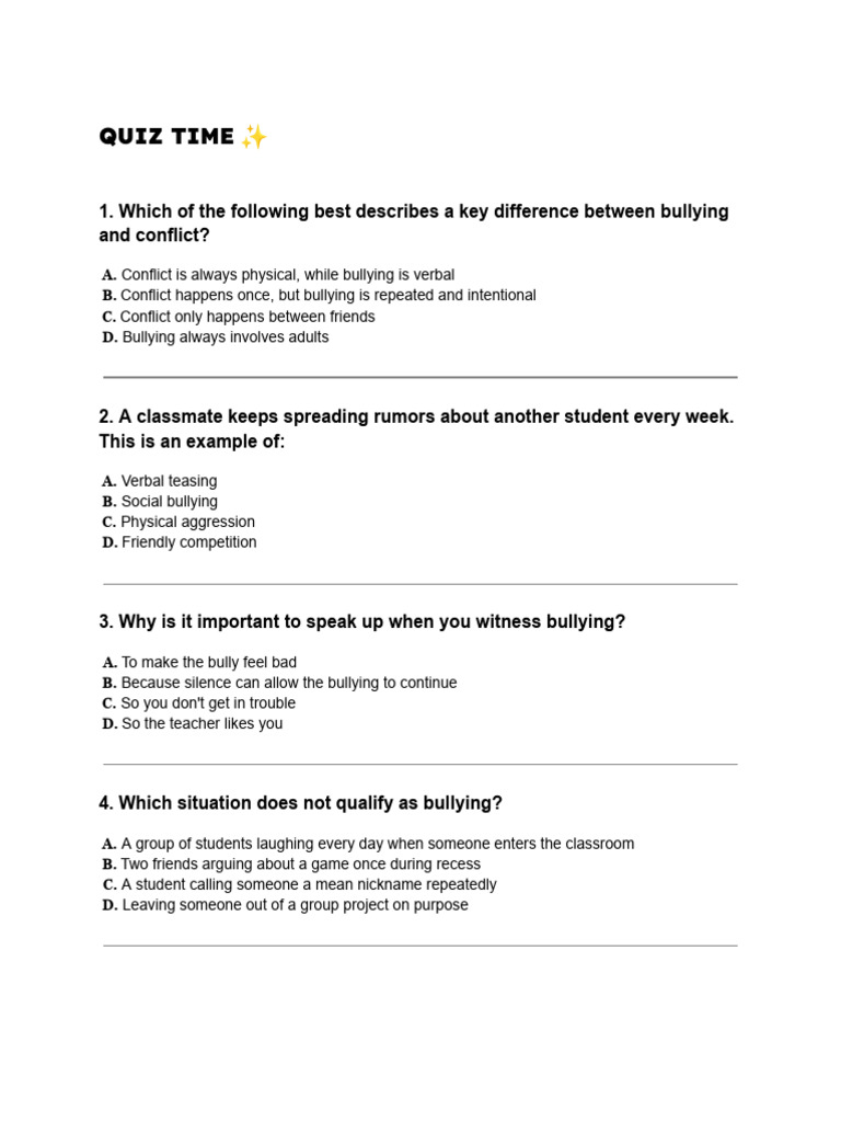 Quiz On Anti-Bullying (QP) | PDF