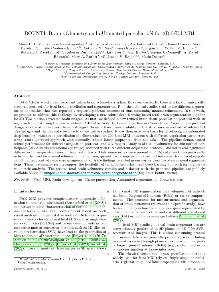 BOUNTI Brain VOlumetry and AUtomated ParcellatioN For 3D FeTal MRI ...