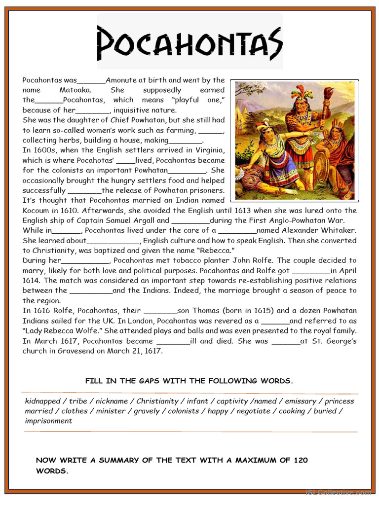 Pocahontas - Reading Comprehension & Writing | PDF | Indigenous Peoples ...