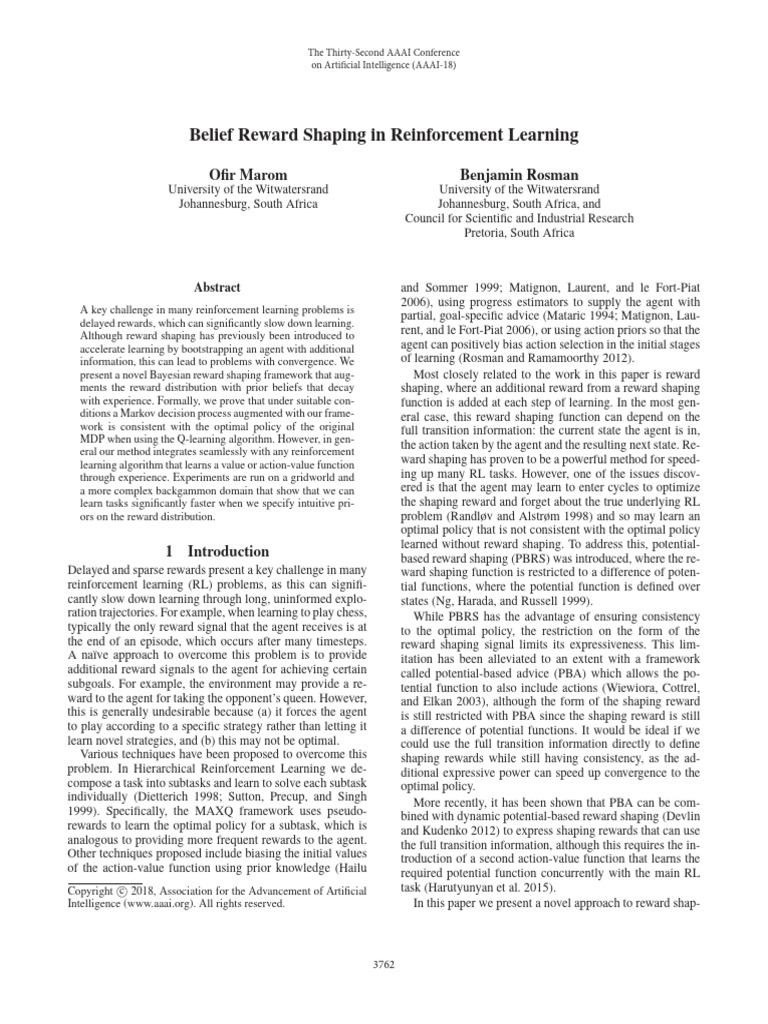 Belief Reward Shaping in Reinforcement Learning 2018 | PDF ...