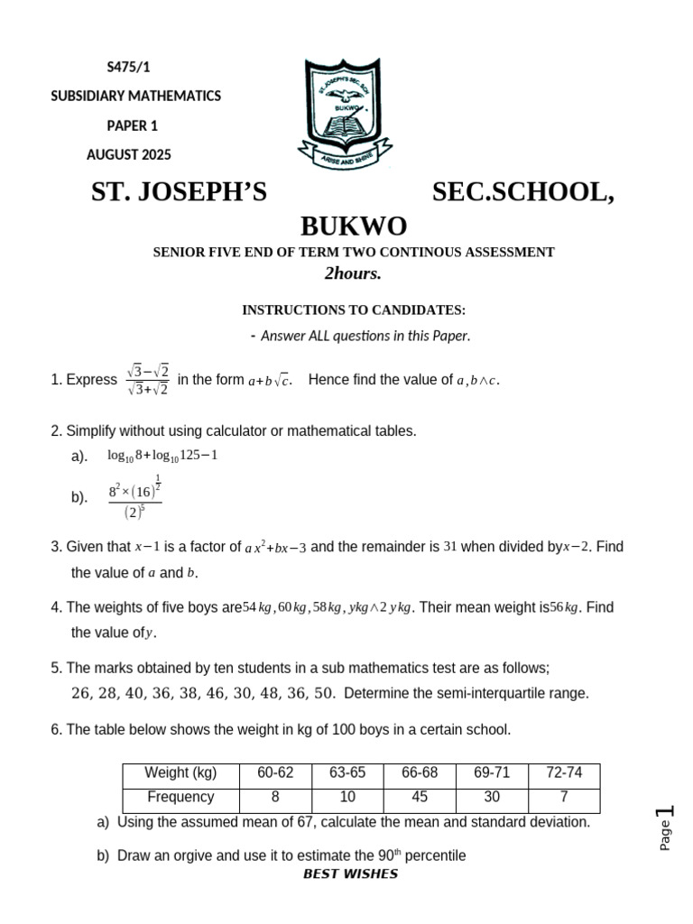 s5 Sub Maths Aug 2025 | PDF | Matrix (Mathematics) | Mathematics