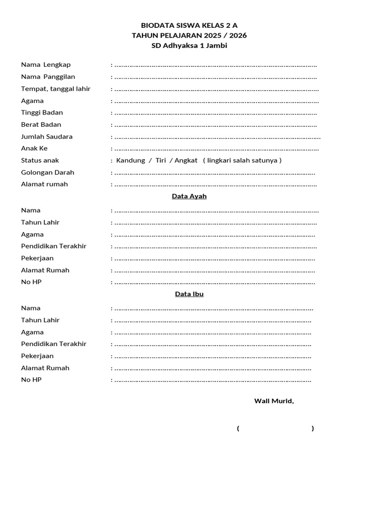 Biodata Siswa Kelas 2 A | PDF