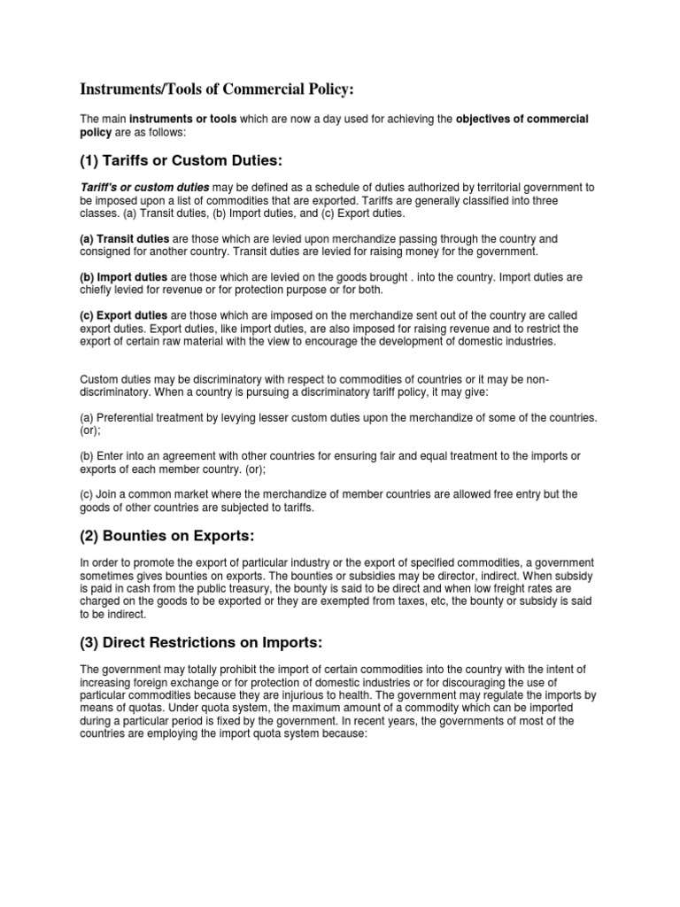 Tools of Commercial Policy Explained | PDF | Tariff | Exports