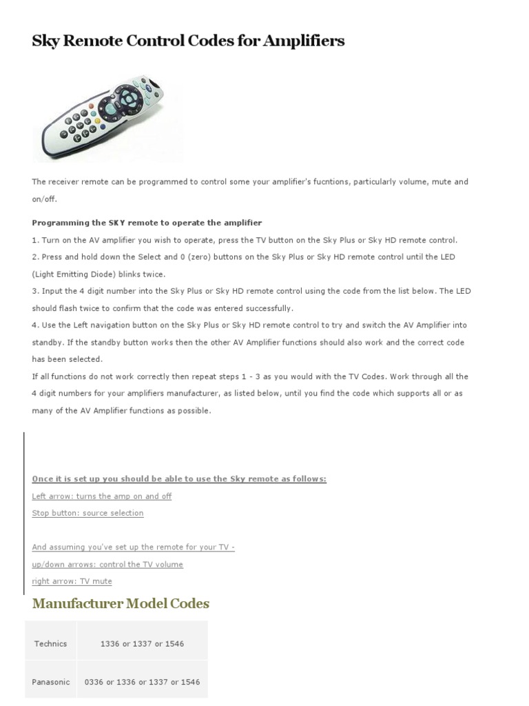 Sky Remote Control Codes For Amplifiers | PDF | Remote Control | Amplifier