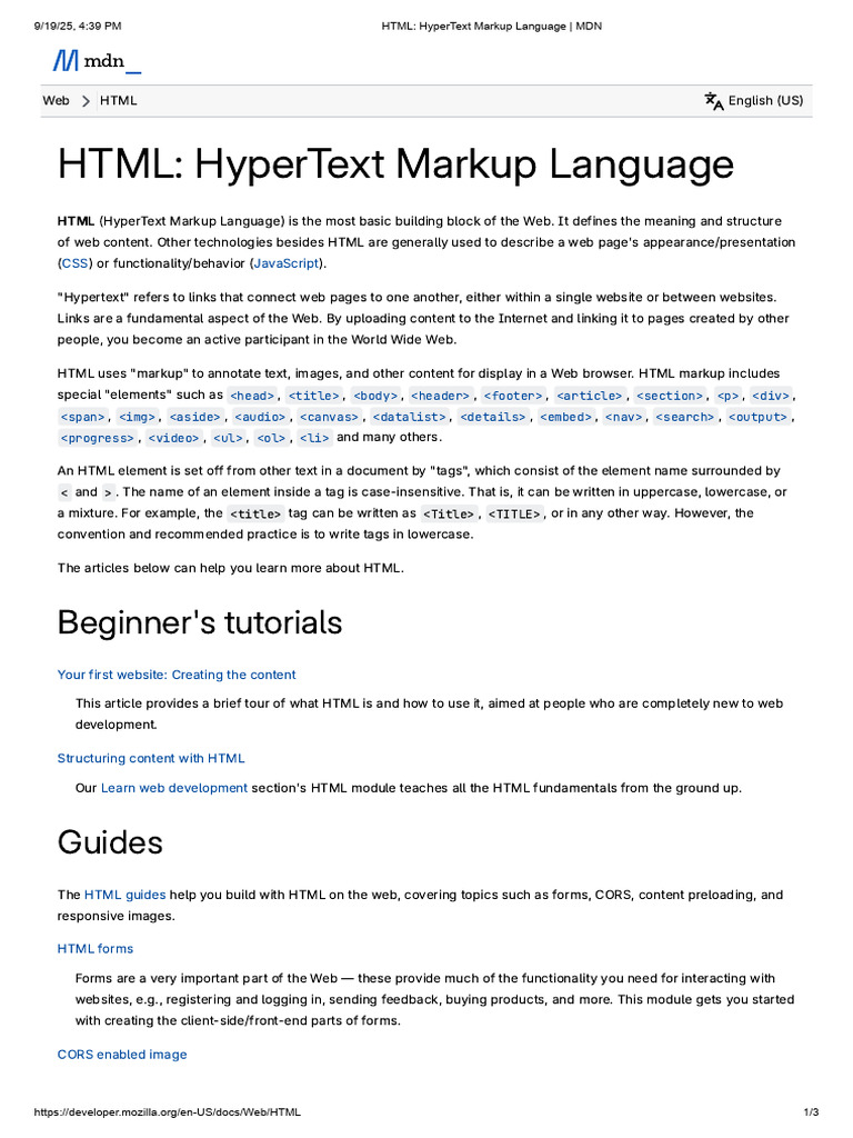 HTML - HyperText Markup Language - MDN | PDF | Html | Html Element