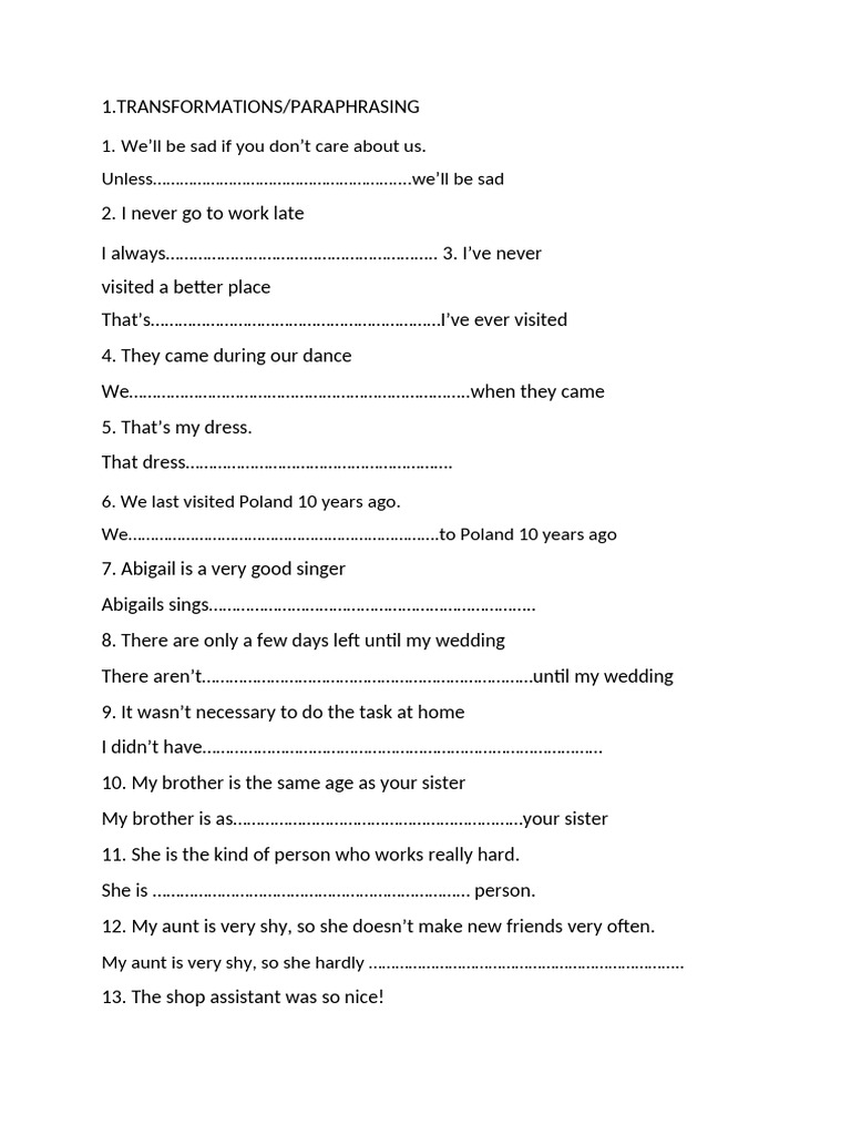 Transformations and Paraphrasing Exercises | PDF