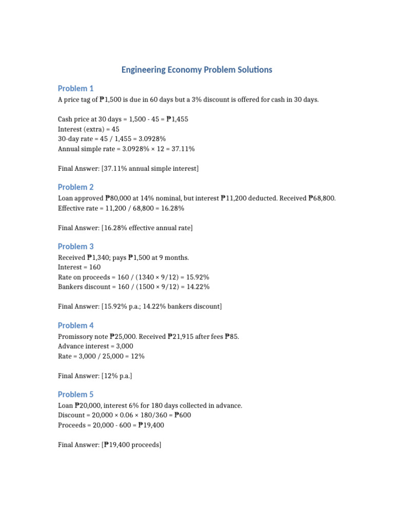 Engineering Economy Problem Solutions | PDF | Interest | Loans