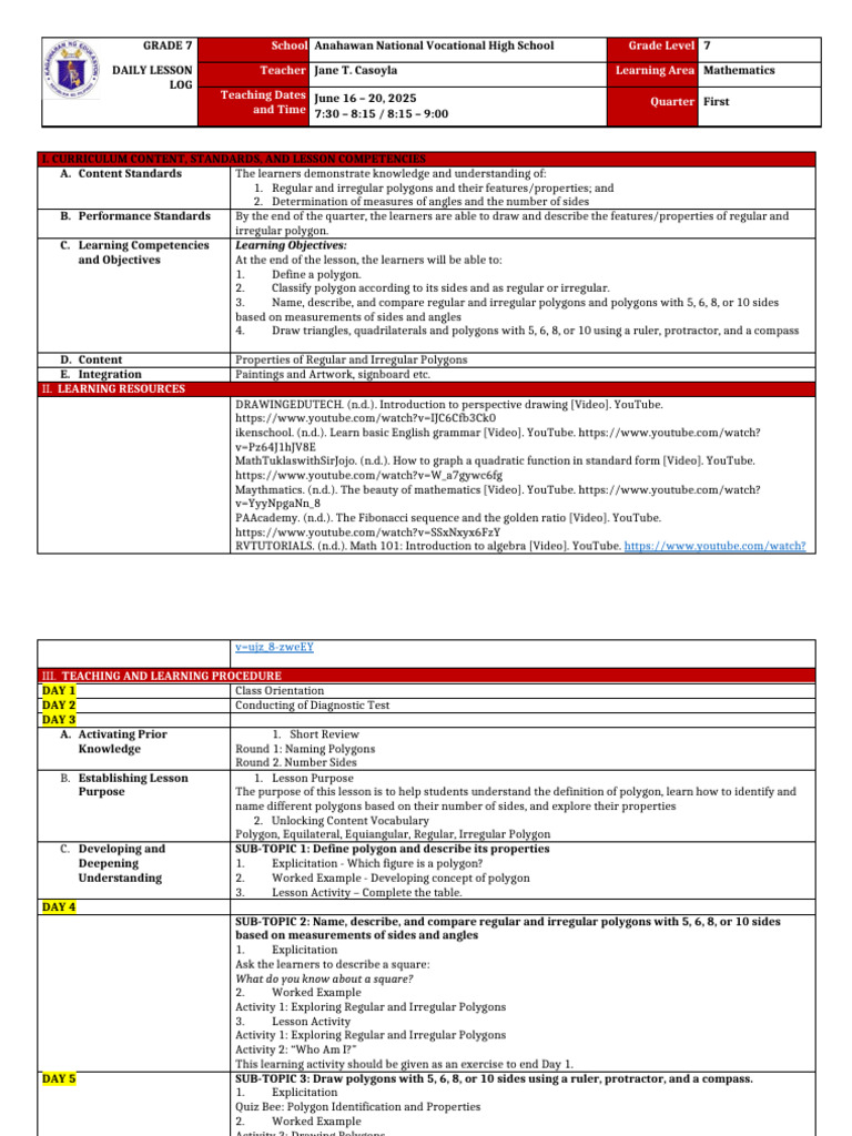 Grade 7 Polygon Lesson Plan | PDF | Area | Polygon
