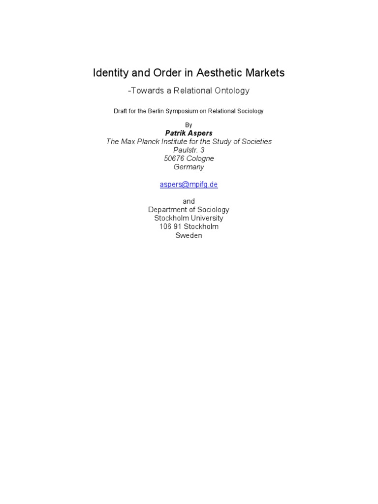 Identity and Order in Aesthetic Markets: - Towards A Relational Ontology | PDF | Martin ...