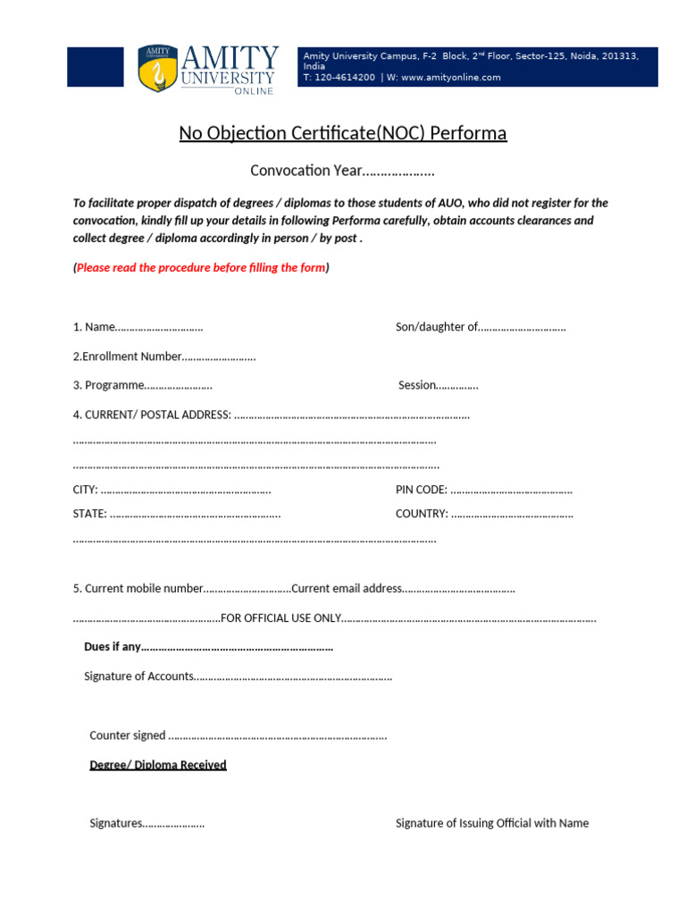 NOC Application for Degree Certificate | PDF