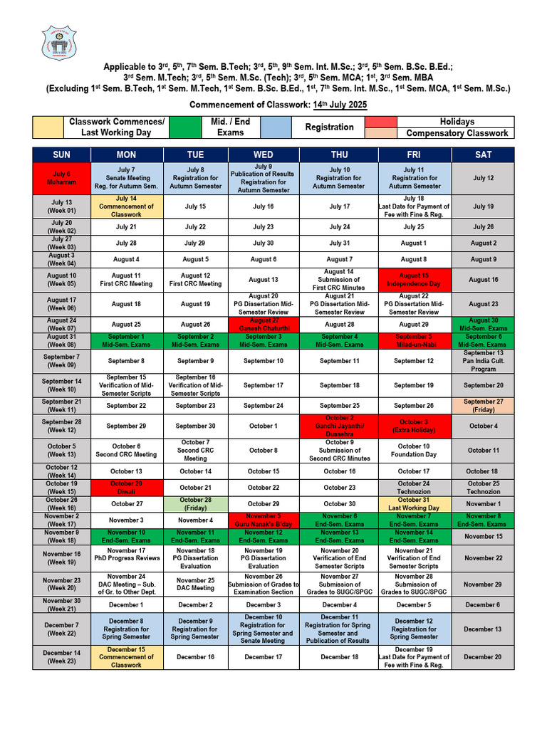 NIT Warangal Autumn Semester Calendar 2025-26 | PDF | Academic Term ...