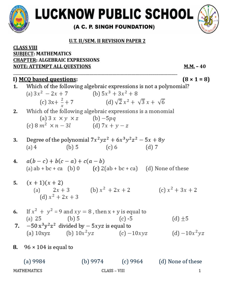 Class VIII Algebraic Expressions Revision Sheet 2 | PDF | Computational Science | Mathematical ...