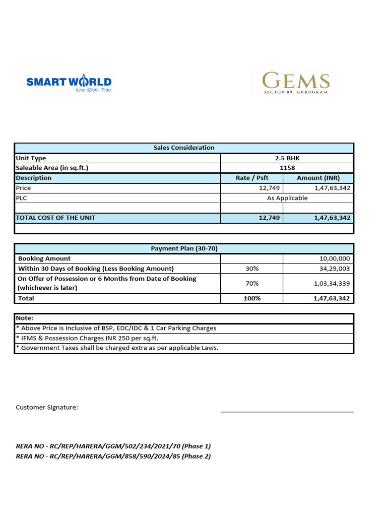 SW Gems Cost Sheet (2.5bhk 30-70) | PDF