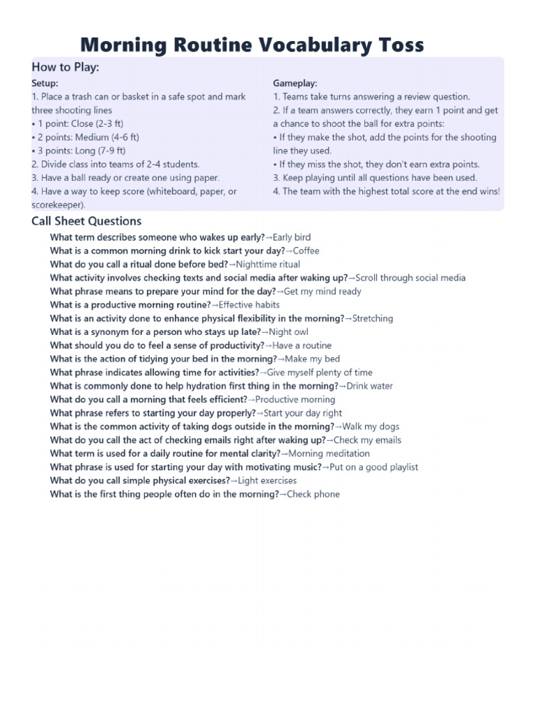 Morning Routine Vocabulary Toss | PDF