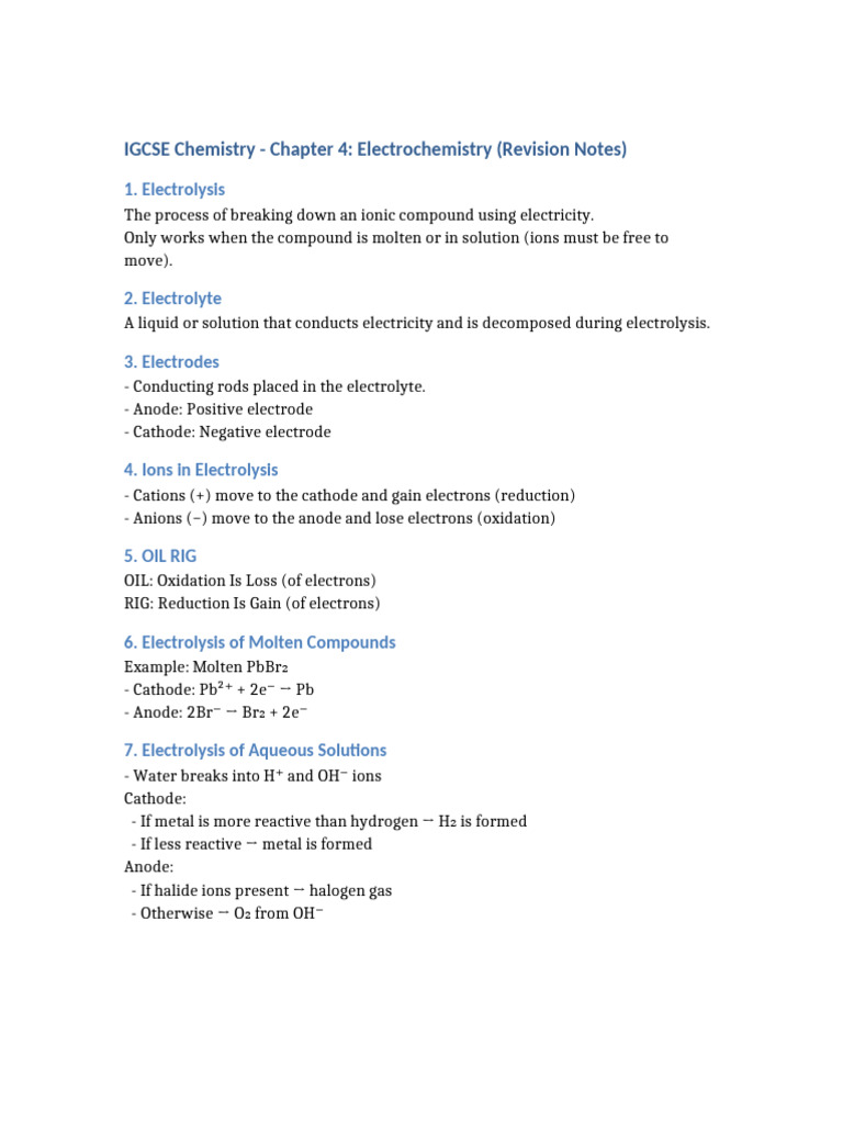 IGCSE Electrochemistry Revision Notes | PDF