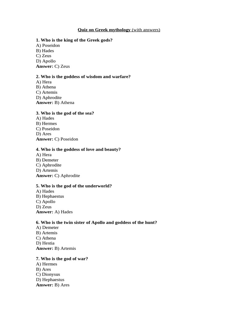 Quiz On Greek Mythology | PDF