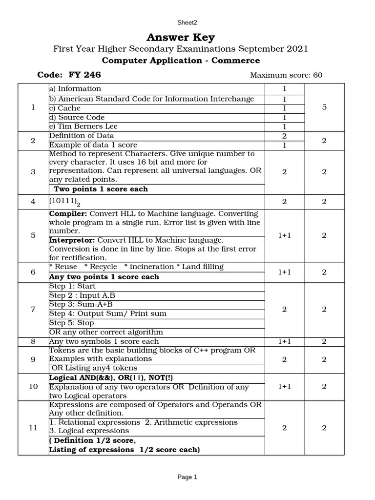 First Year Computer Application Exam Key | PDF | Computer Network ...