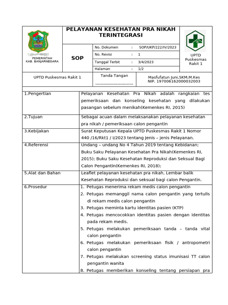 SOP Pelayanan Kesehatan Pra Nikah Rakit 1 | PDF