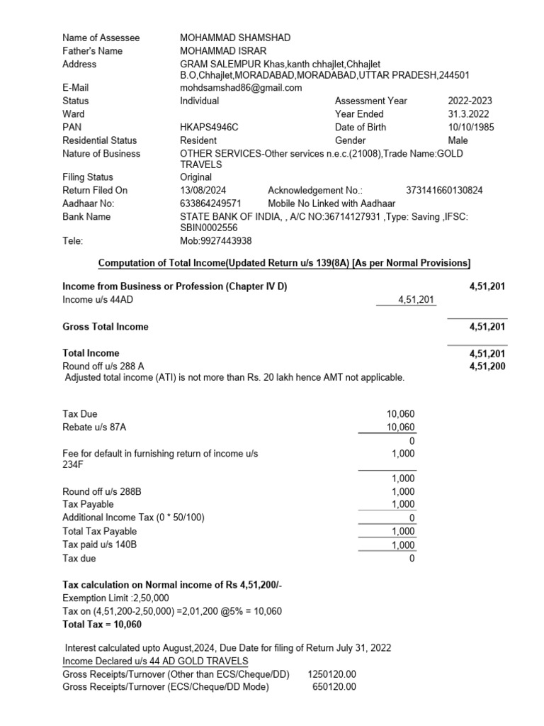 Tax Return Summary for Mohammad Shamshad | PDF | Revenue | Taxes