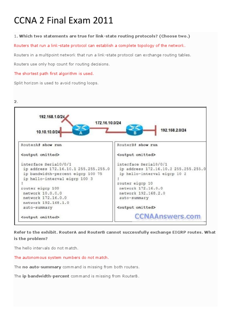 CCNA 2 Final Exam | PDF | Routing | Router (Computing)