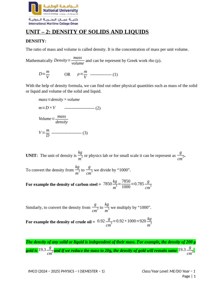 Unit-2 Density of Solids and Liquids | PDF | Density | Chemistry