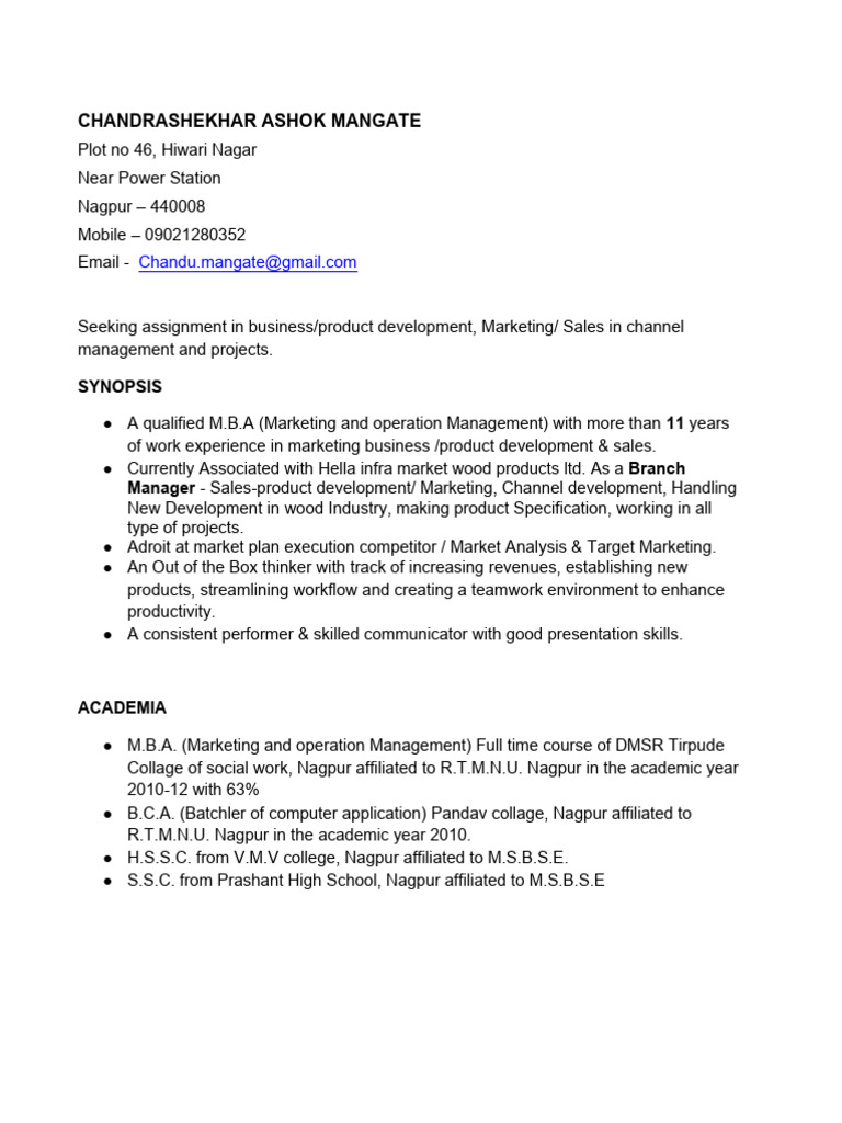 Naukri ChandrashekharMangate (12y 0m) | PDF | Marketing | Business