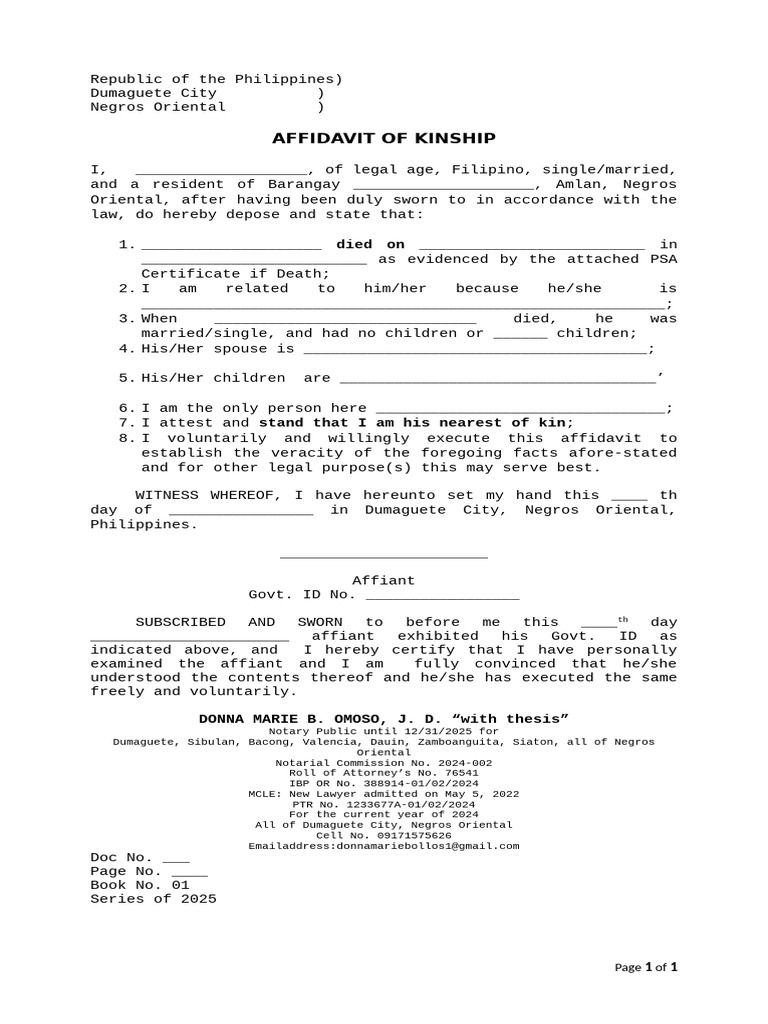 Affidavit of Kinship Template | PDF | Affidavit | Chess Theory