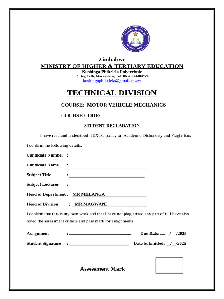 Motor Vehicle Mechanics Course Declaration | PDF