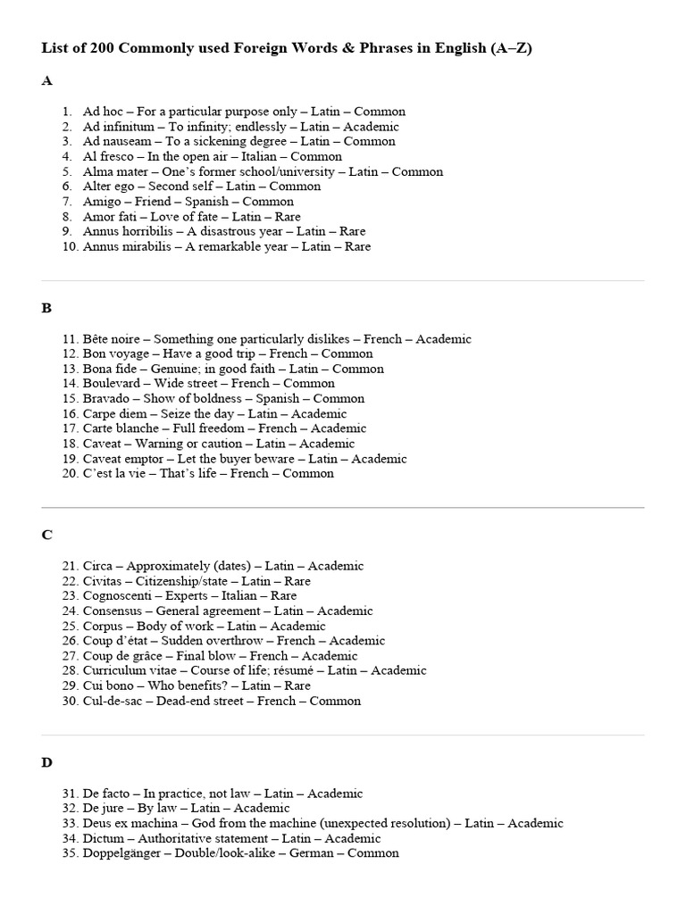 Common Foreign Words & Phrases A-Z | PDF