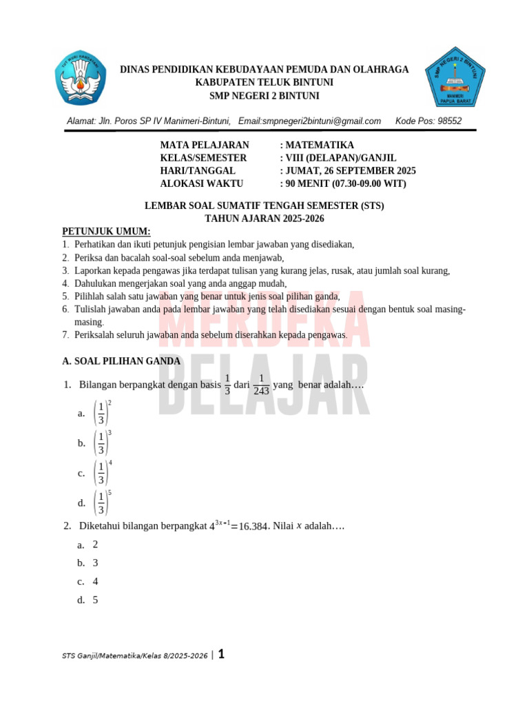Master Soal Sts Mat Ganjil Kelas 8 2025-2026 | PDF