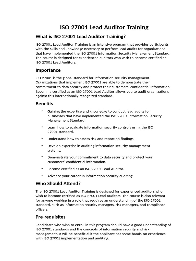 ISO 27001 Lead Auditor Training Overview | PDF | Audit | Information ...
