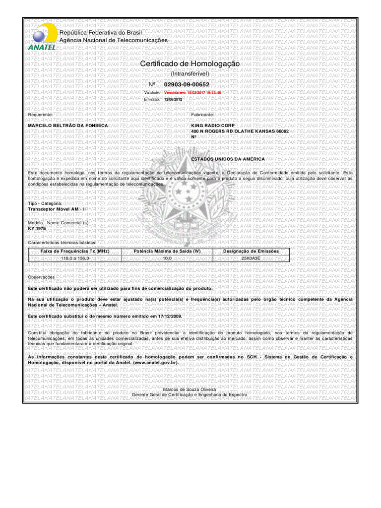 Certificado de Homologação: República Federativa Do Brasil Agência ...