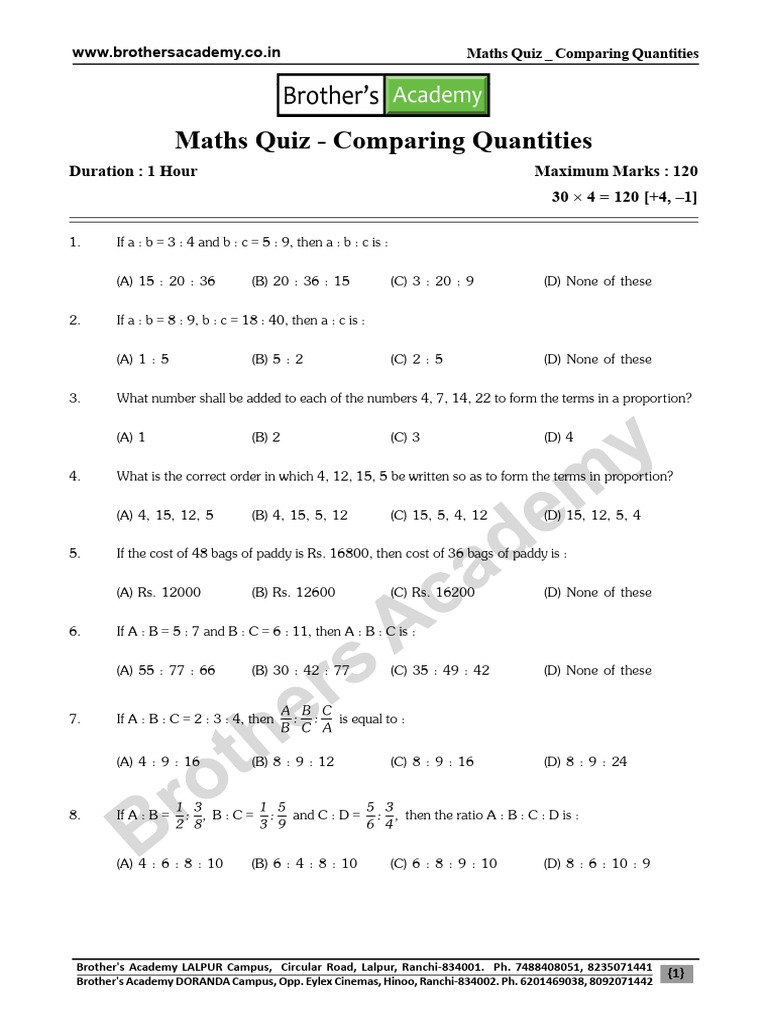 Comparing Quantities - Questions + Answer Key | PDF | Ratio