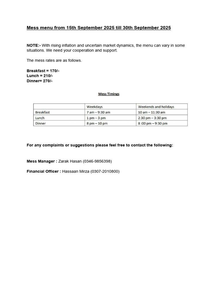 September 2025 Mess Menu Details | PDF | Lunch | Desi Cuisine