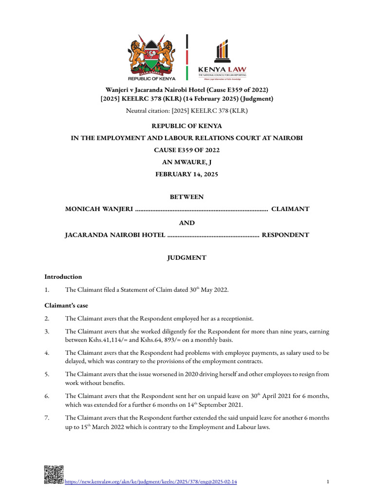 Wanjeri V Jacaranda Nairobi Hotel (Cause E359of2022) 2025KEELRC378 (KLR ...