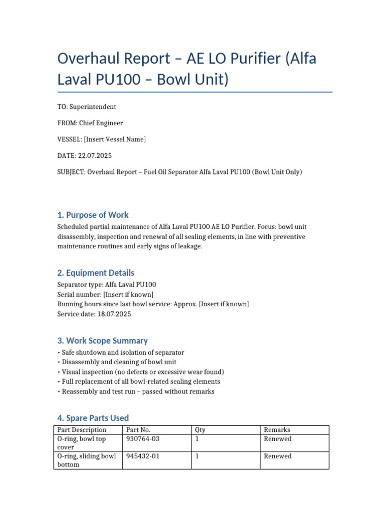 AE LO Purifier Overhaul Report Bowl Only | PDF