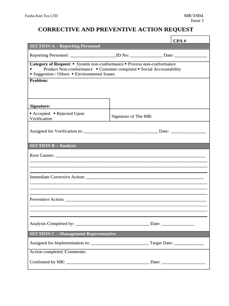 CAPA Request Form for ISO 9001 | PDF