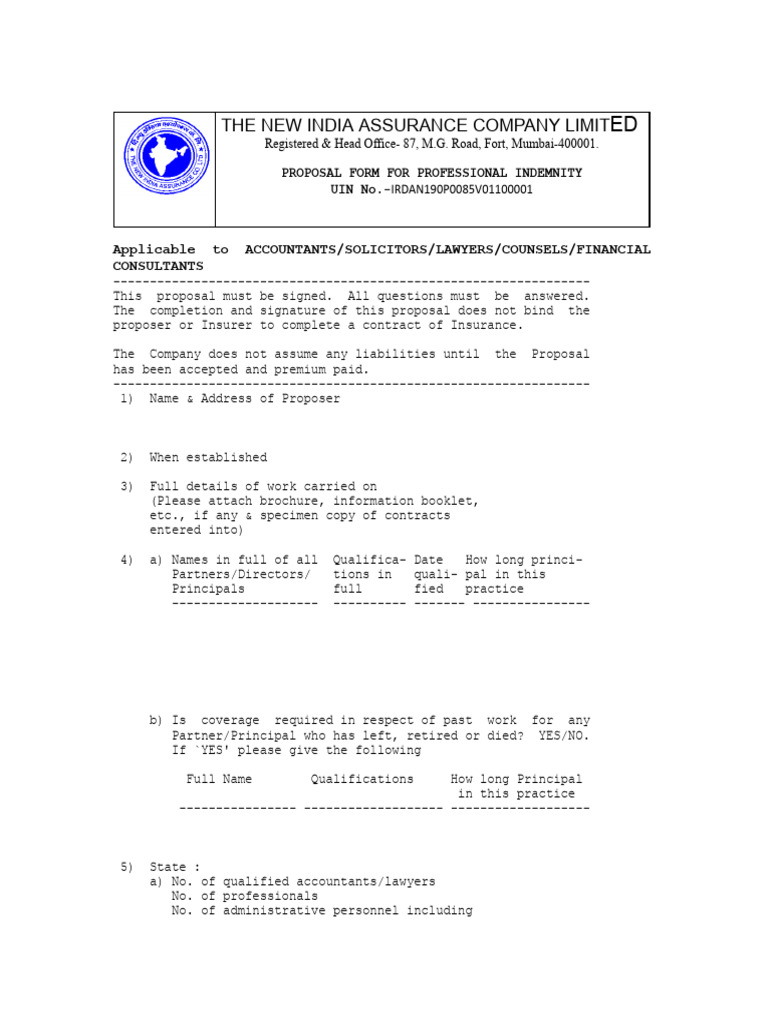 Professional Indemnity Proposal Form | PDF | Insurance | Professional ...