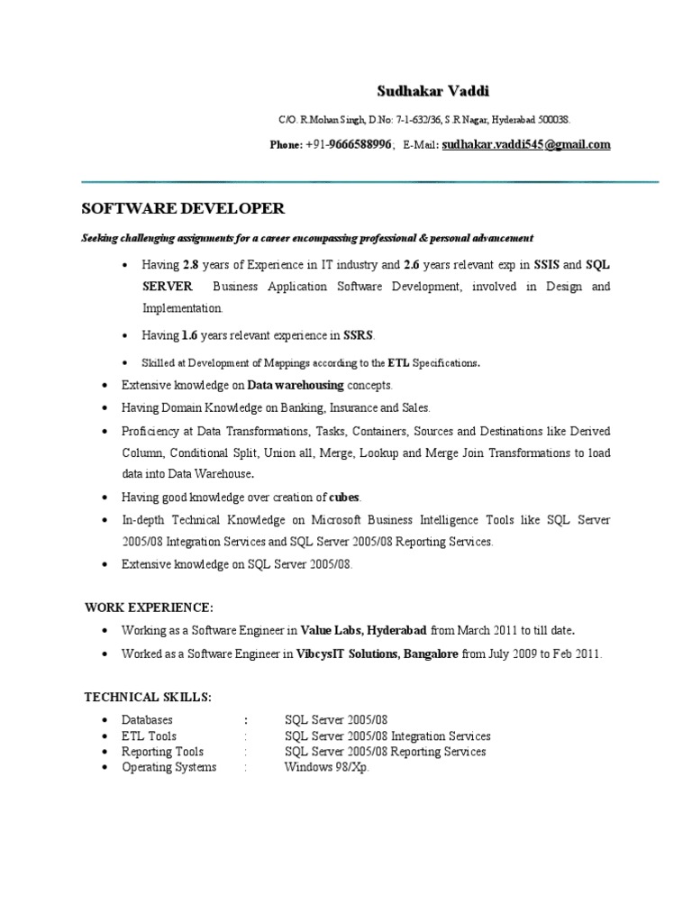 Software Developer Resume - Sudhakar Vaddi | PDF | Microsoft Sql Server | Business Intelligence