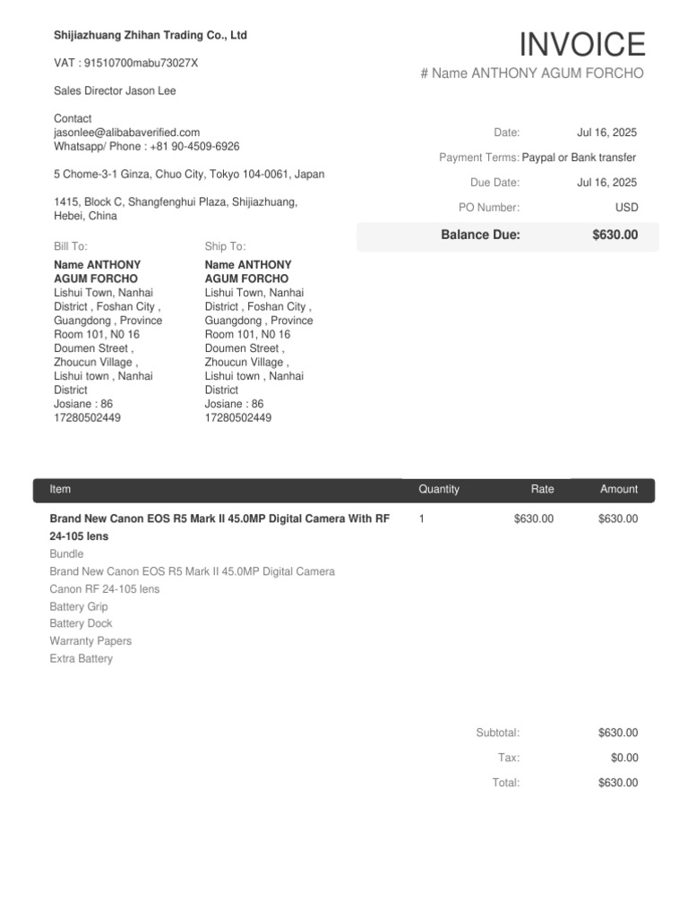 Invoice for Canon EOS R5 Mark II Purchase | PDF | Invoice | Photography ...