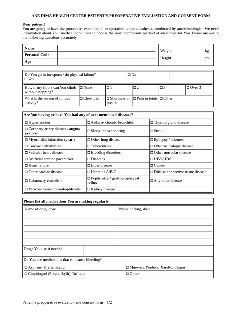 Preoperative Anesthesia Evaluation Form | PDF | Heart | Anesthesia