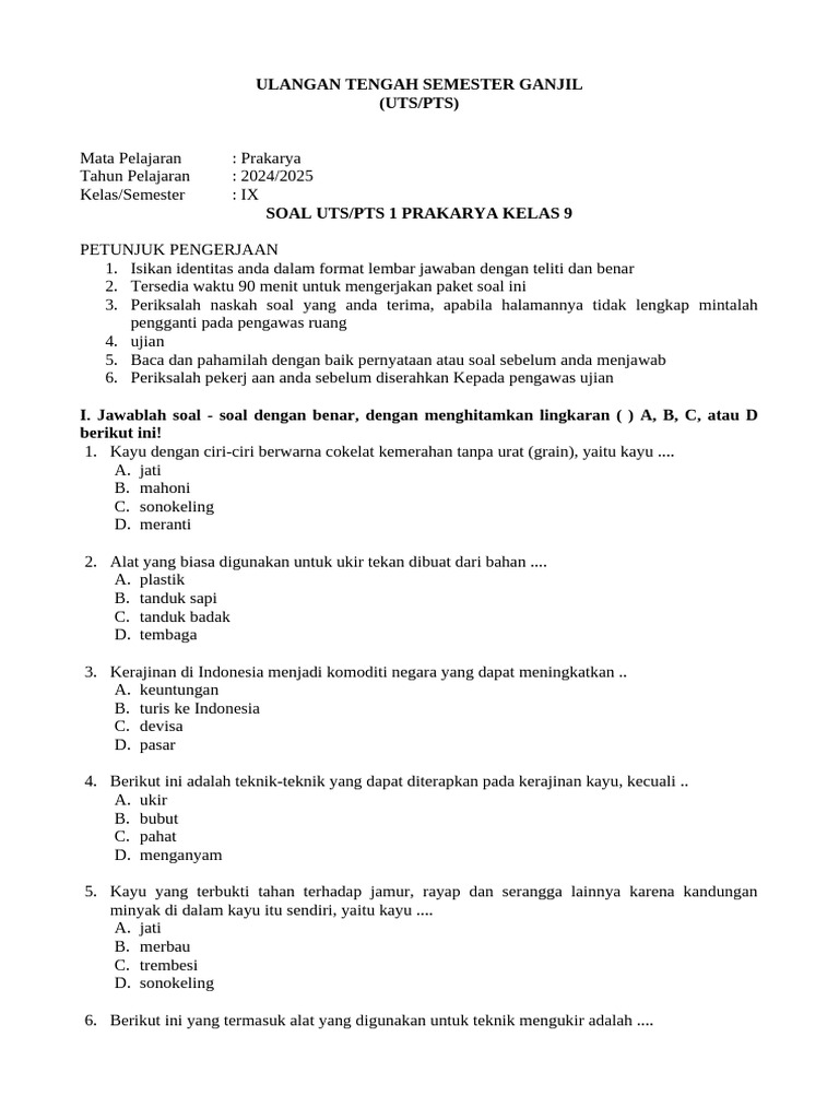 Soal UTS Prakarya Kelas 9 2024/2025 | PDF