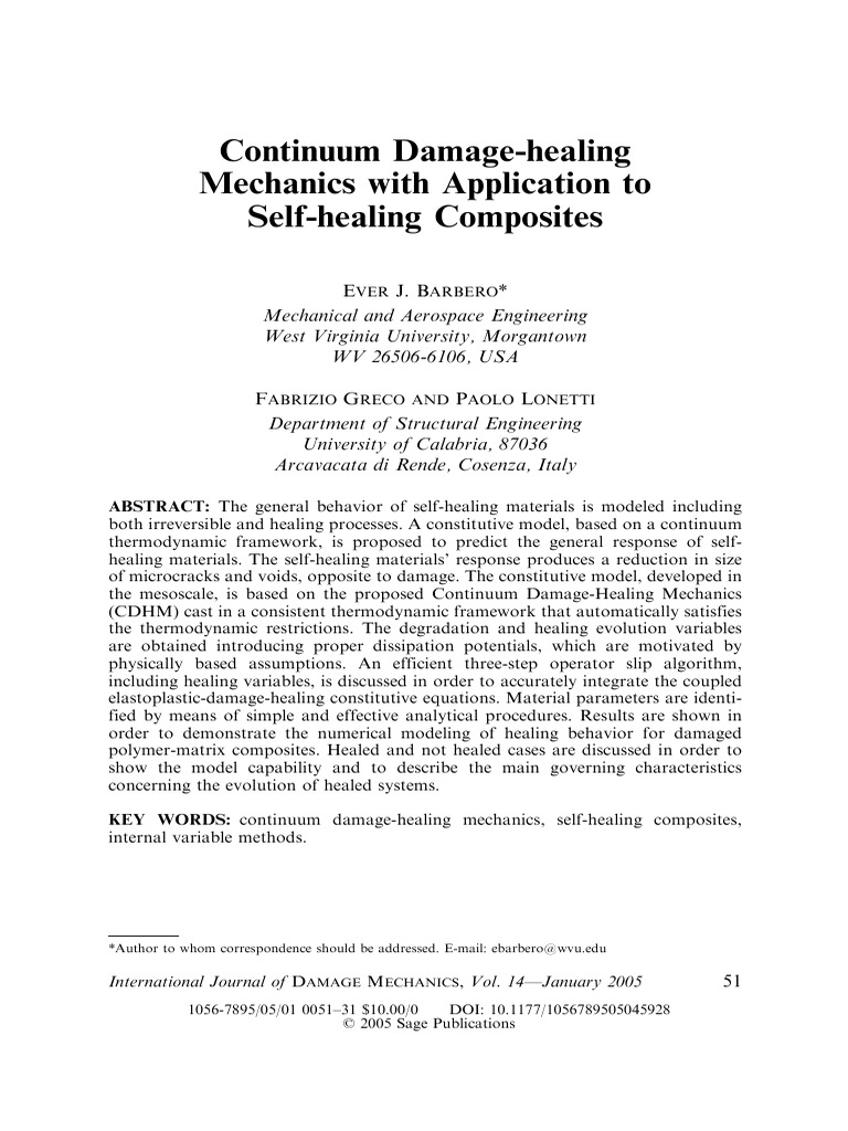 Barbero Et Al 2005 Continuum Damage Healing Mechanics With Application ...