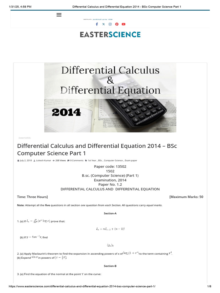 Differential Calculus Exam Paper BSc 1st Year | PDF | Calculus ...