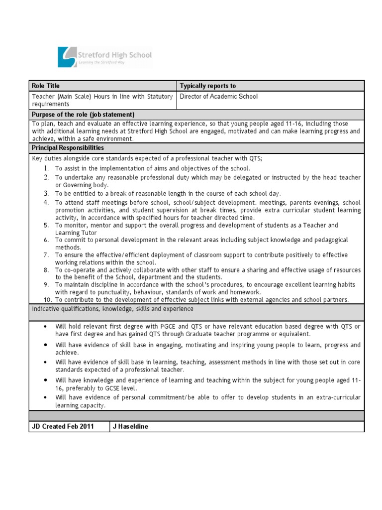 Teacher - Job Description - Main Scale May 2012 | PDF | Teachers ...